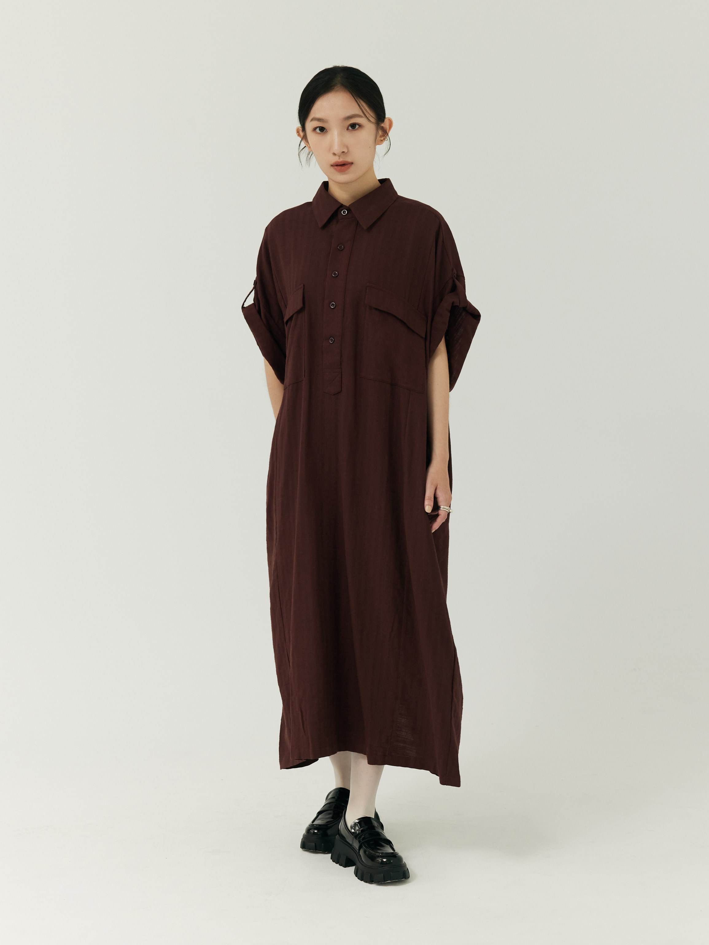 條紋棉麻感袖帶洋裝 ｜ mouggan | 我們都有點不同