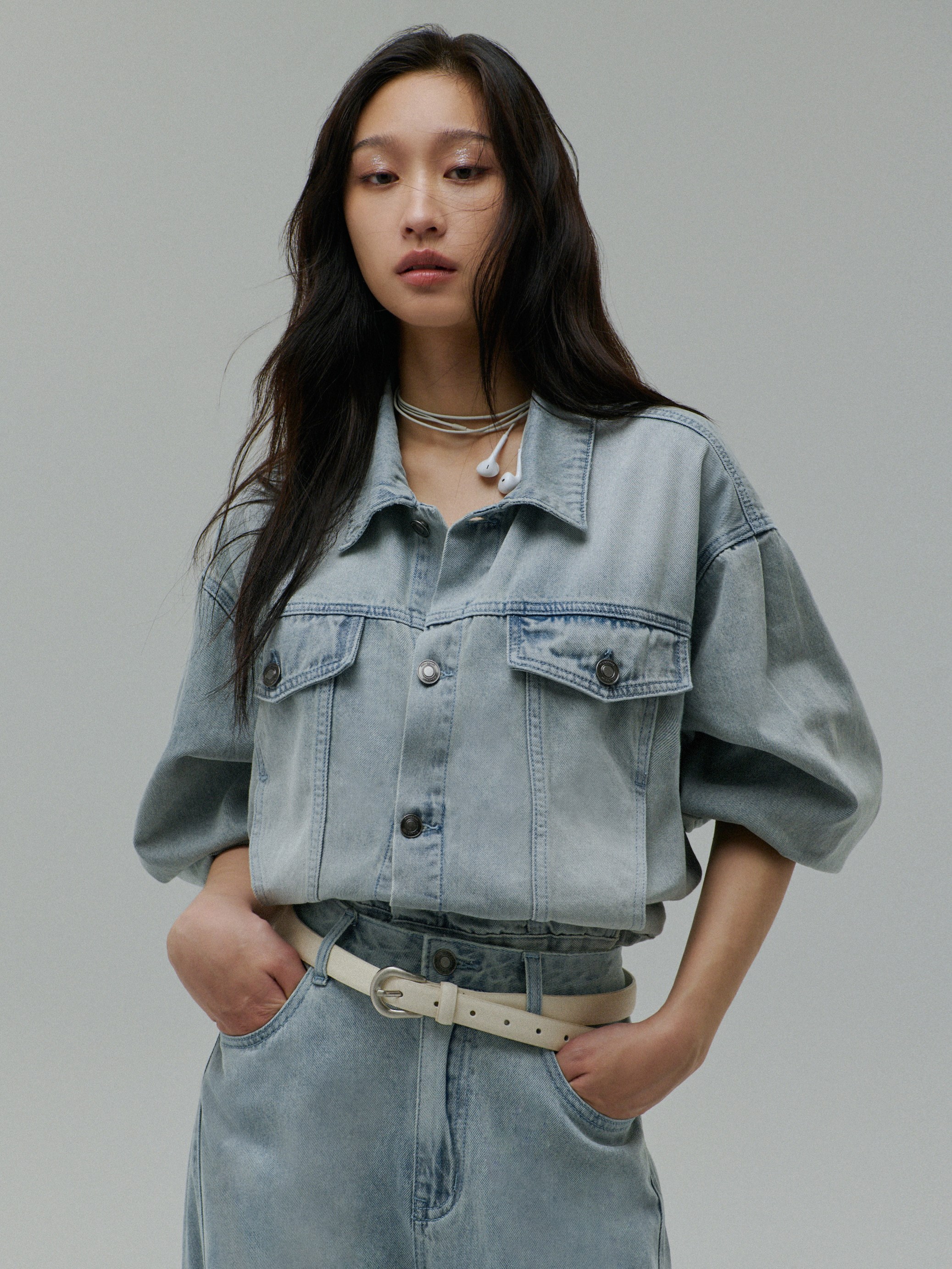 中性丹寧澎袖短版外套 ｜ mouggan | 我們都有點不同